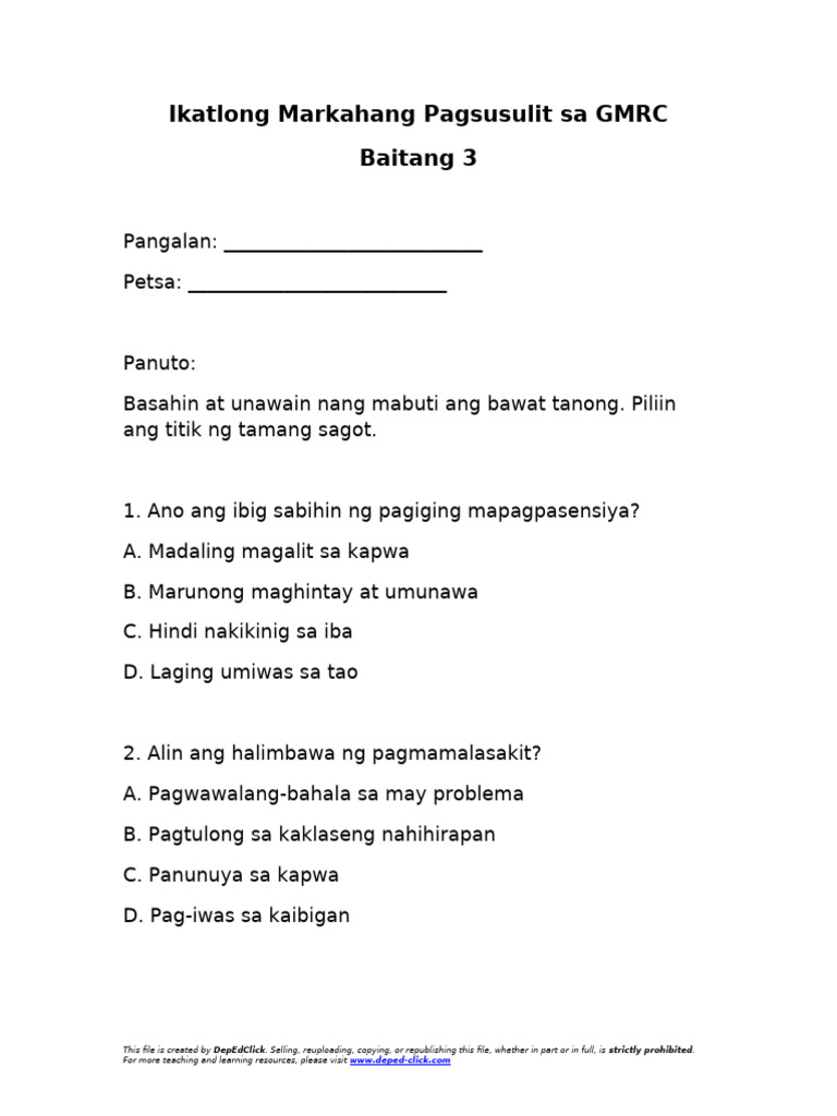 Ikatlong Markahang Pagsusulit GMRC Grade3 DepEdClick | PDF