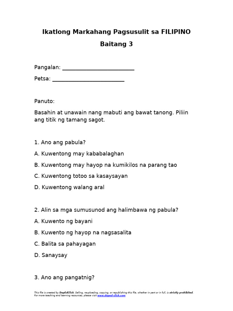 Ikatlong Markahang Pagsusulit FILIPINO Grade3 DepEdClick | PDF