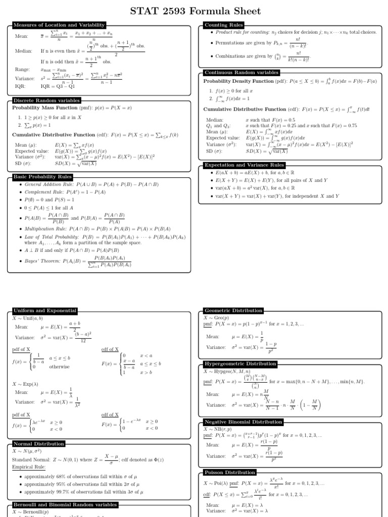 STAT 2593 - Final Exam Formula Sheet - Draft | PDF | Variance | Errors ...