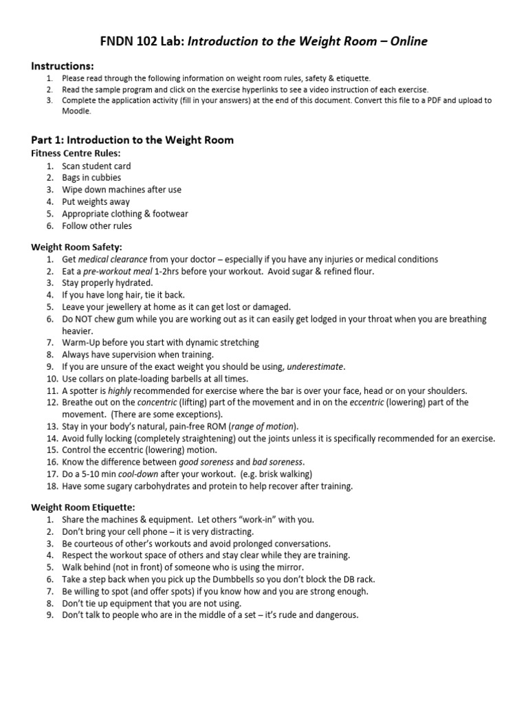 Weight Room Intro Lab Online | PDF | Strength Training | Weight Training
