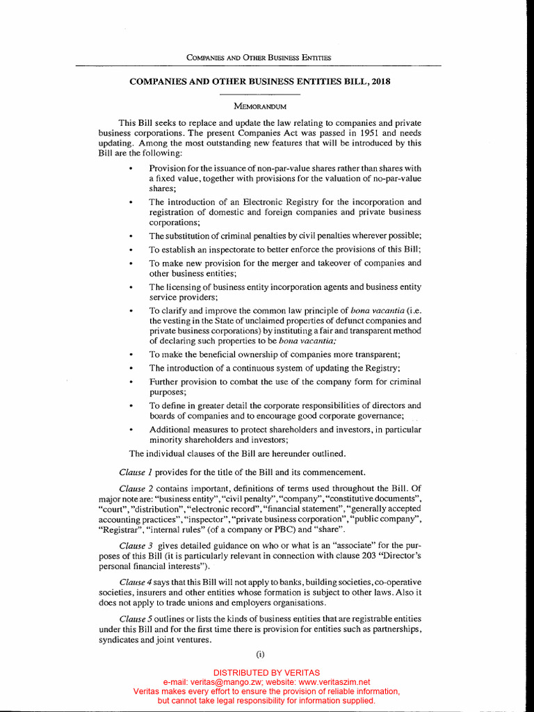 Companies and Other Business Entities Bill - Memorandum | PDF ...