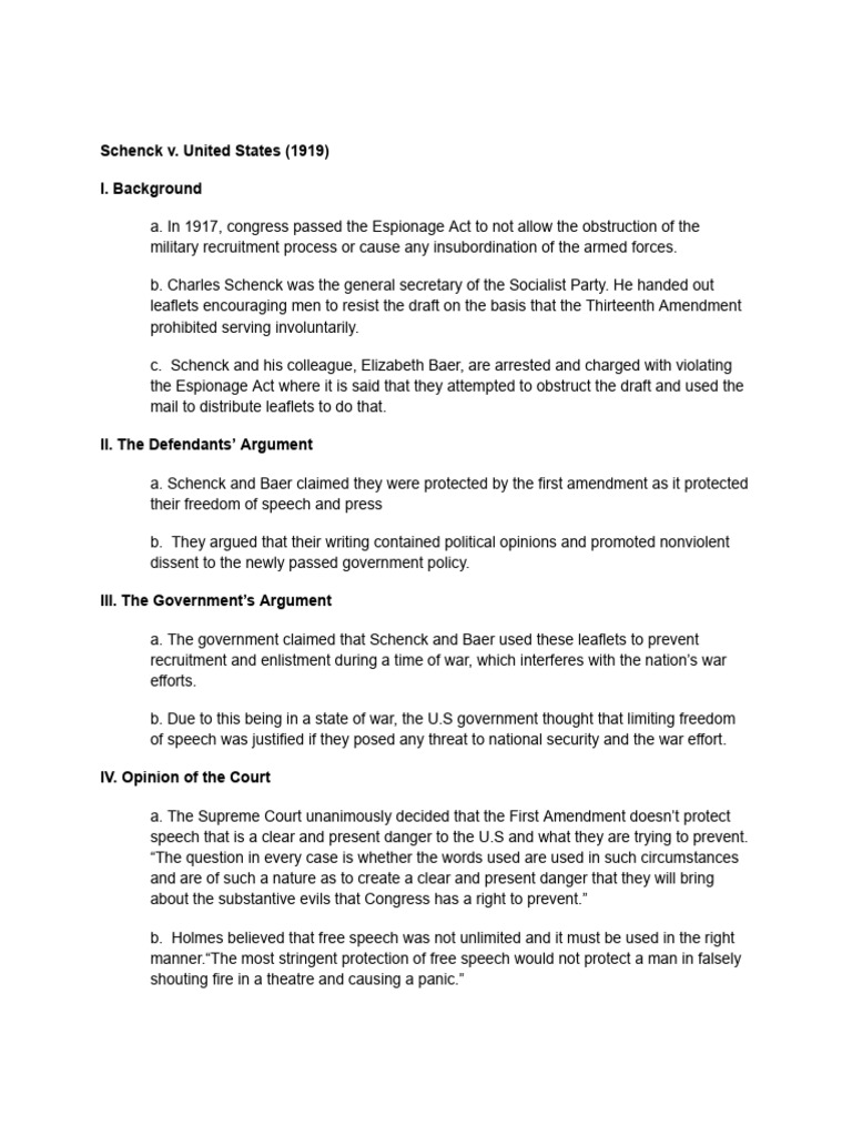 Schenck v. United States Outline Matias | PDF | Law Of The United ...