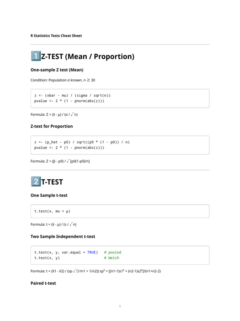 R Statistics Cheat Sheet | PDF | Data Analysis | Statistical Hypothesis ...