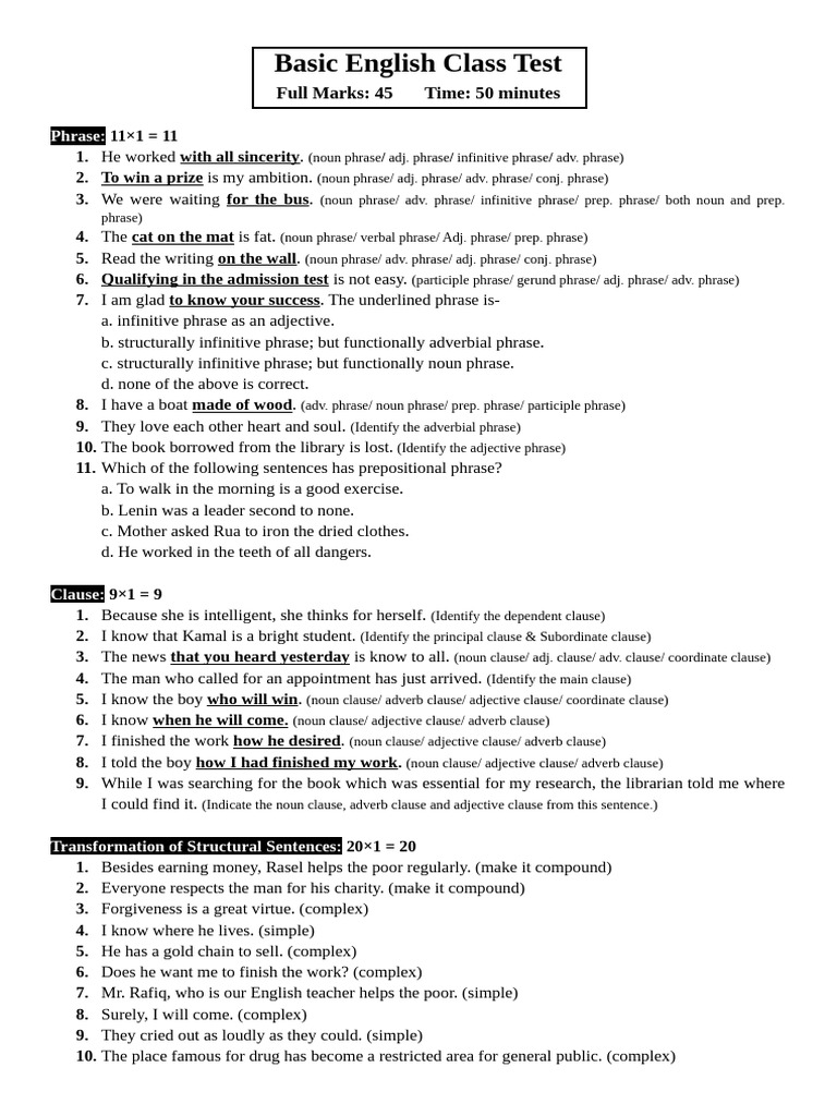 Basic English Grammar Test for Students | PDF | Phrase | Adjective