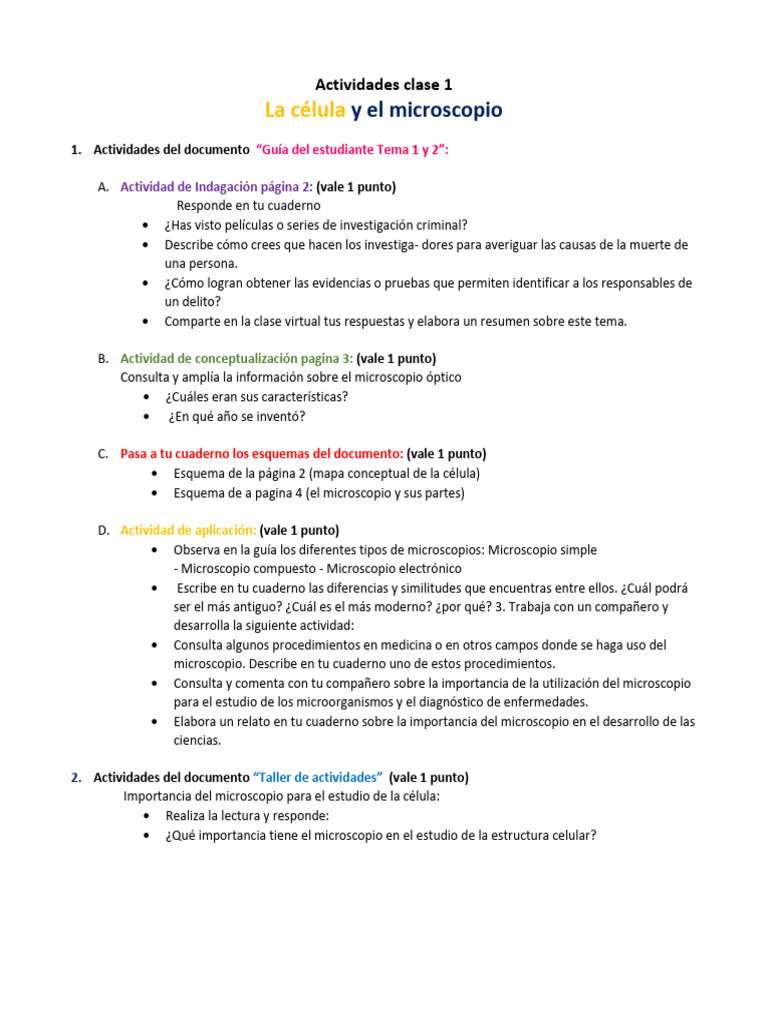 Tareas Tema 1 y 2 Celula y Microscopio | PDF