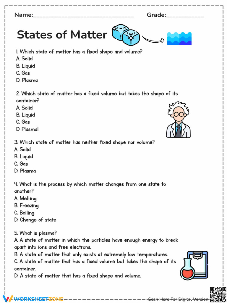 States of Matter Quiz - Science Worksheet for Grades 4-6 | PDF