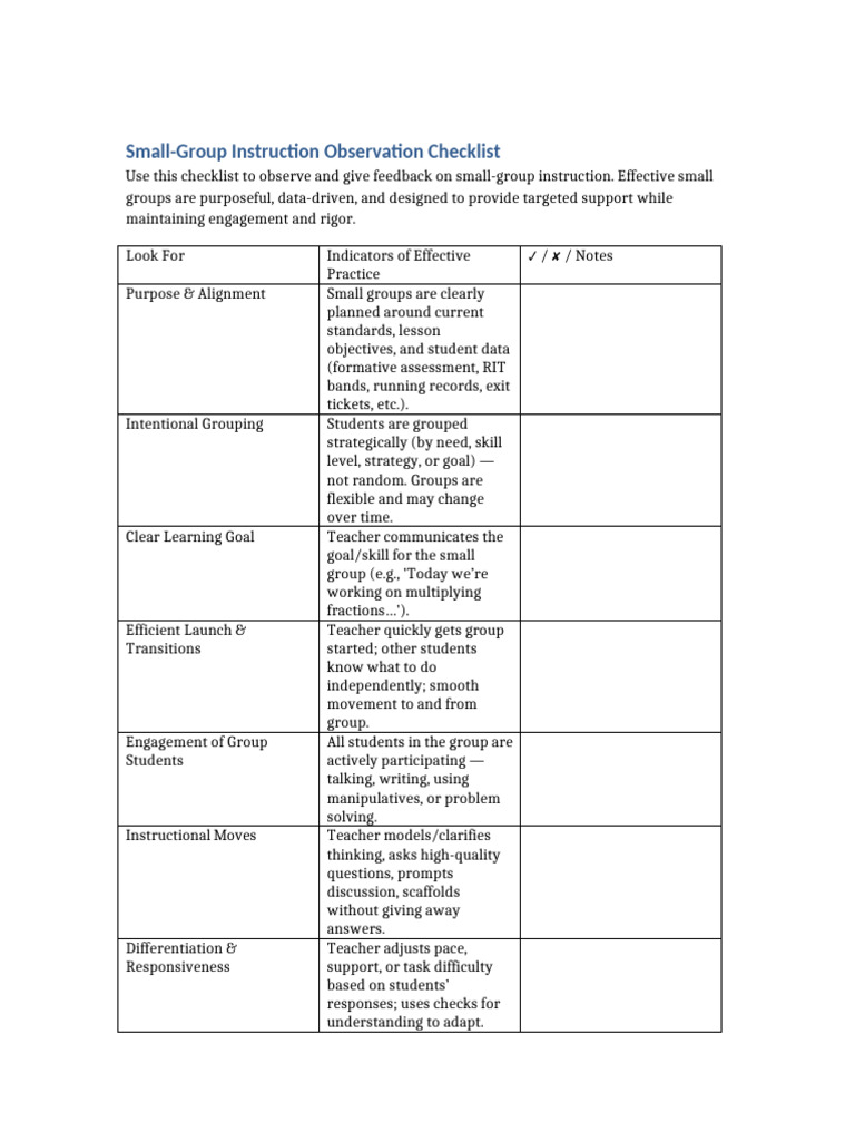 Small-Group Instruction Observation Guide | PDF | Teachers | Communication