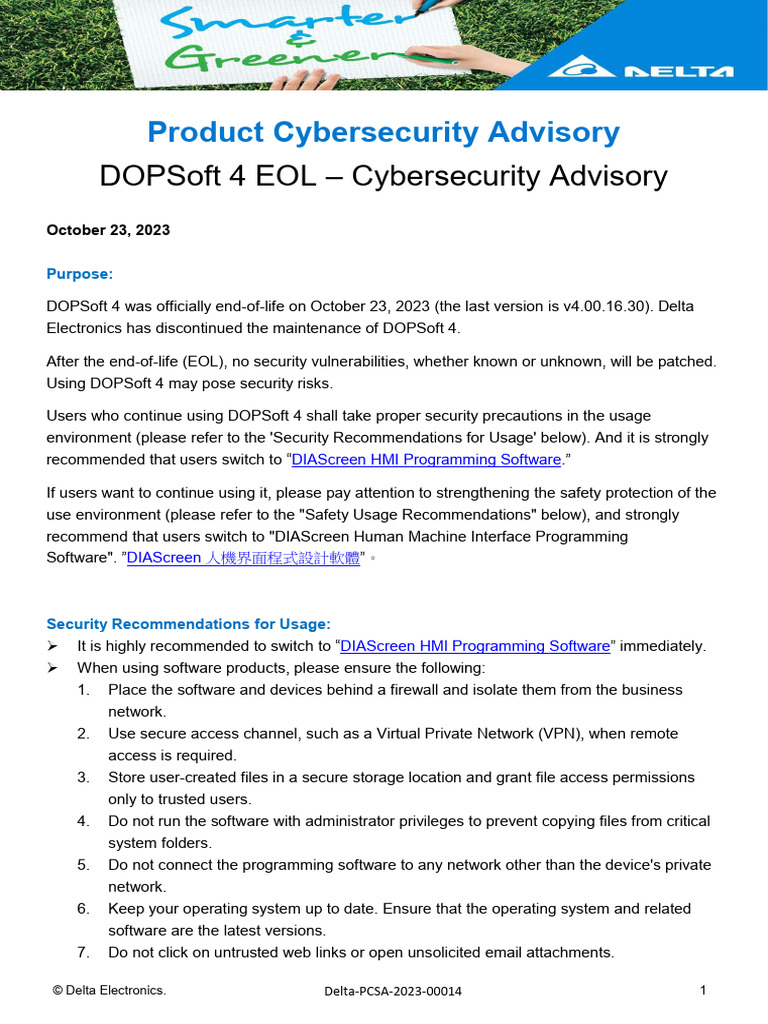 Delta PCSA 2023 00014_DOPSoft End of Life (EOL) Security Advisory_EN ...