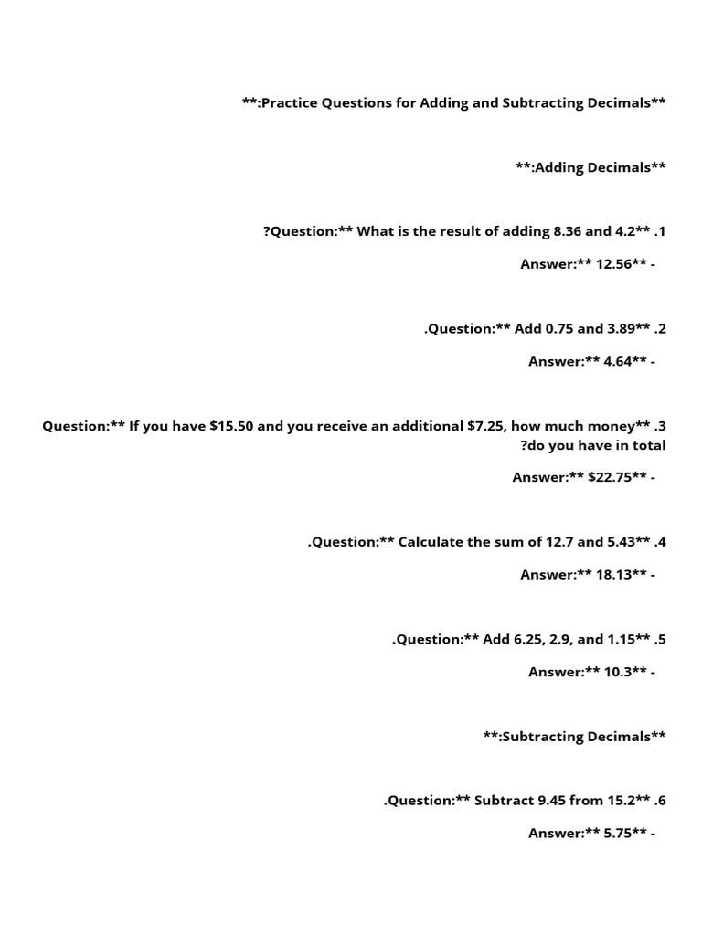Practice Questions for Adding and Subtracting Decimals | PDF