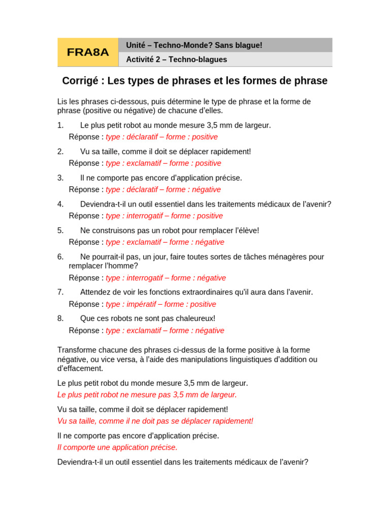Types et formes de phrases en français | PDF