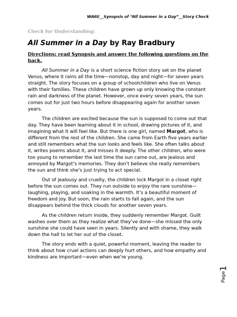Check for Understanding_all Summer in a Day | PDF