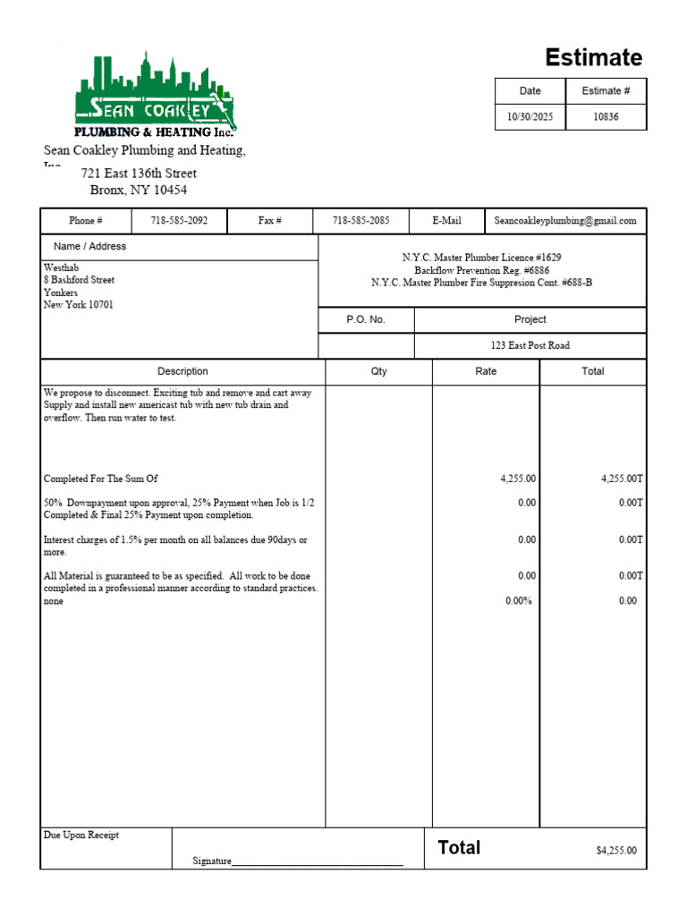 Sean Coakley - Bathtub Replacement Estimate | PDF | Plumbing ...