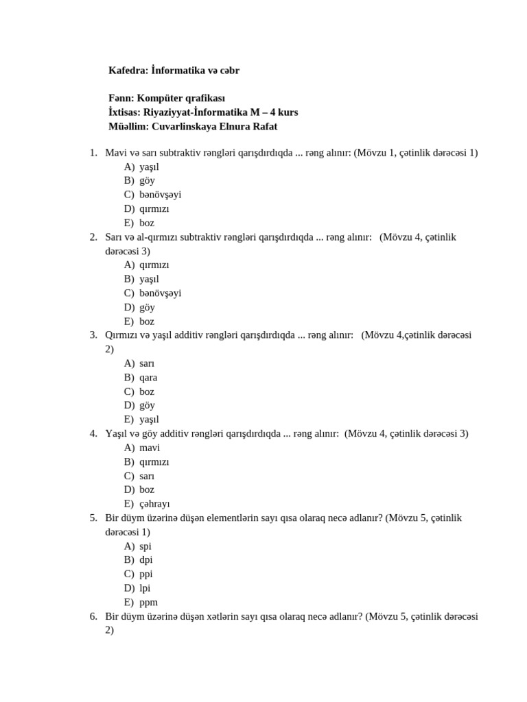 Kompüter qrafikası 2025 test | PDF