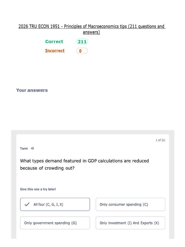 2026 TRU ECON 1951 - Principles of Macroeconomics Tips (211 Questions ...