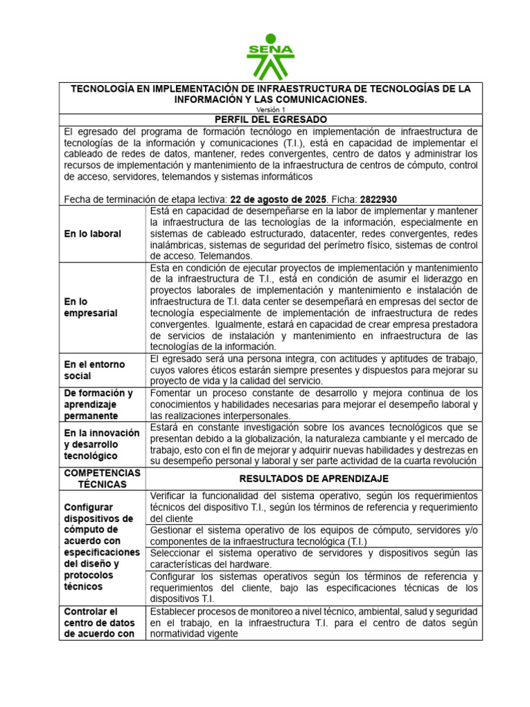 Implementación infraestructura TIC - Competencias técnicas y perfil del egresado (1) | PDF ...