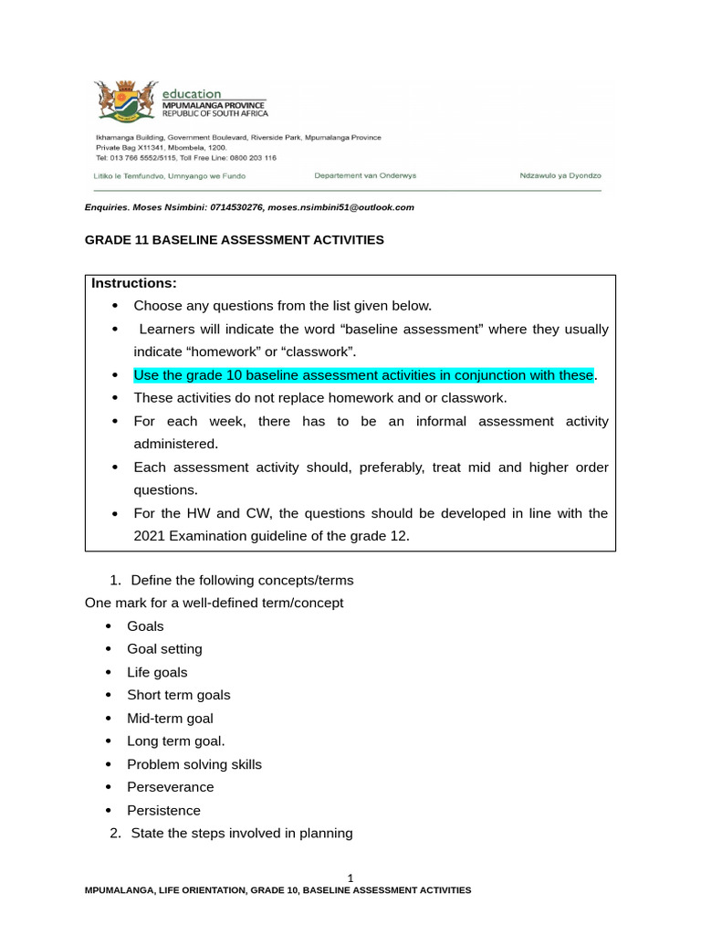 Grade 11 Baseline Assessment Term 1 (1) | PDF | University And College Admission | Governance