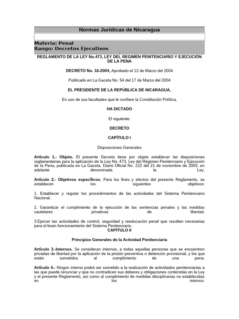 Decreto No. 16 2004 _ Reglamento de La Ley No.473 | PDF | Cuidado de la salud | Prisión