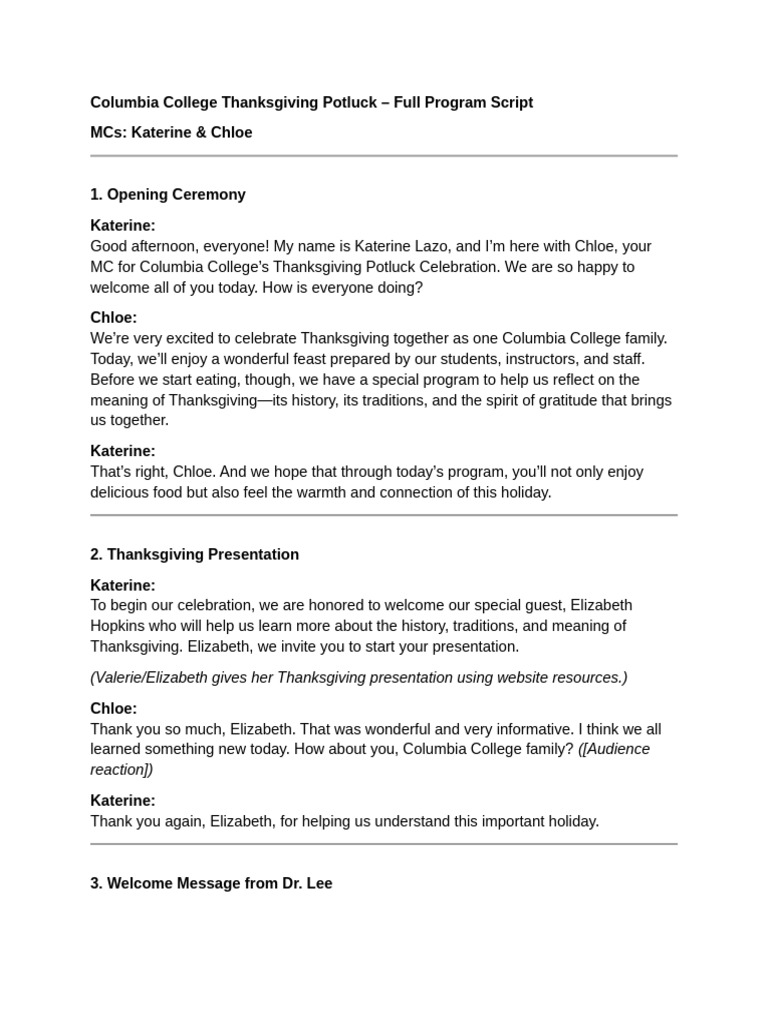 Thanksgiving Potluck Script | PDF | Thanksgiving | Cooking