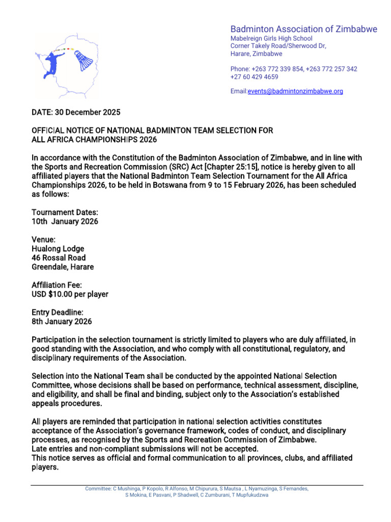 Zimbabwe National Badminton Team Selection | PDF | Governance | Government