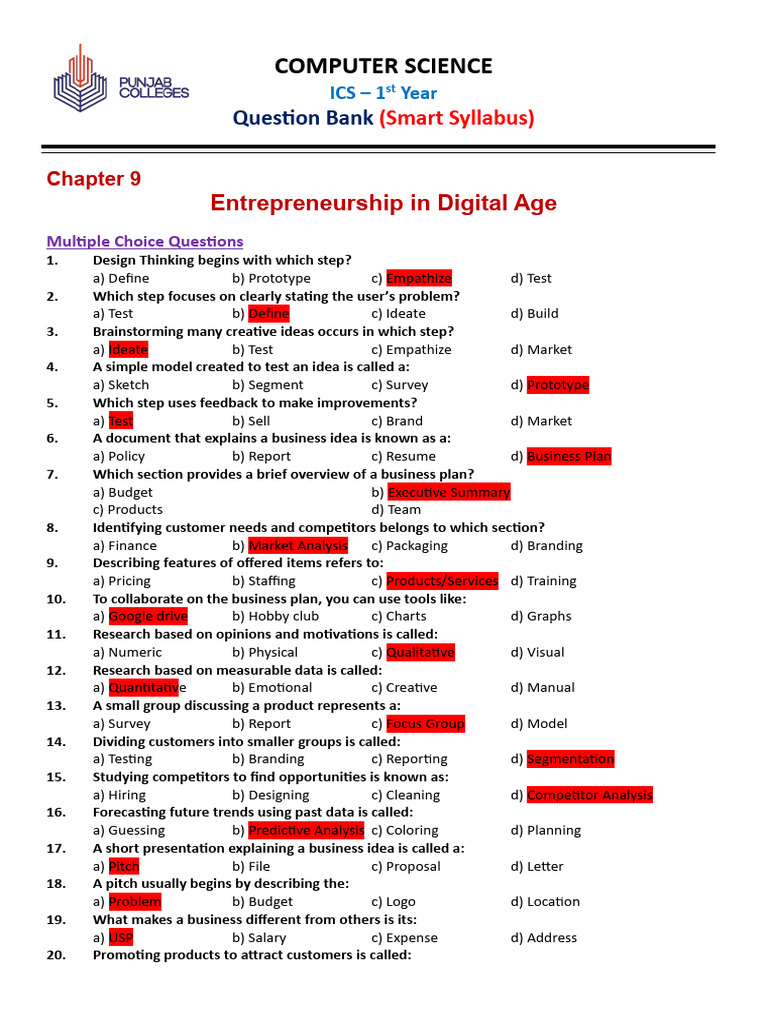 1st Year Computer Science Chap 9 Entrepreneurship in Digital Age QB ...