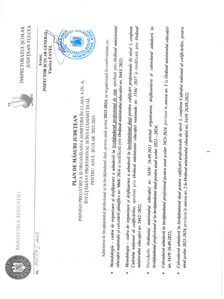 14_02_2023 Plan de masuri admitere clasa a IX-a inv. profesional si dual | PDF