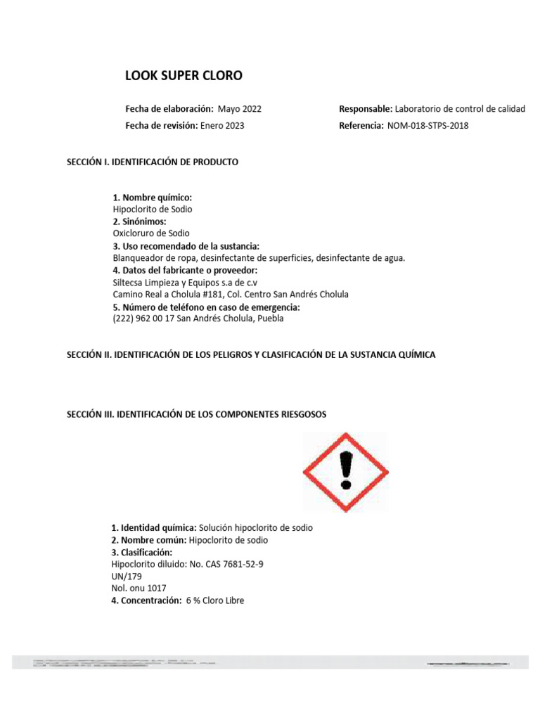 Hoja de Seguridad Look Super Cloro | PDF | Cloro | Agua