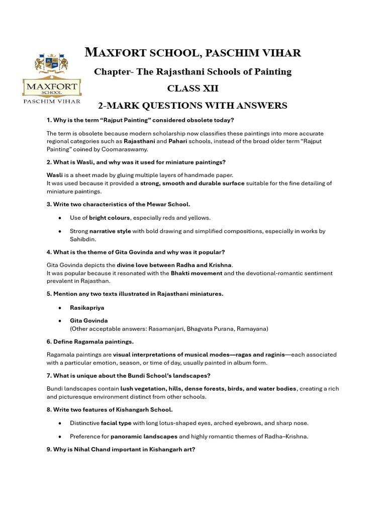 12, Ch 2 2-Mark Questions With Answers | PDF | Paintings