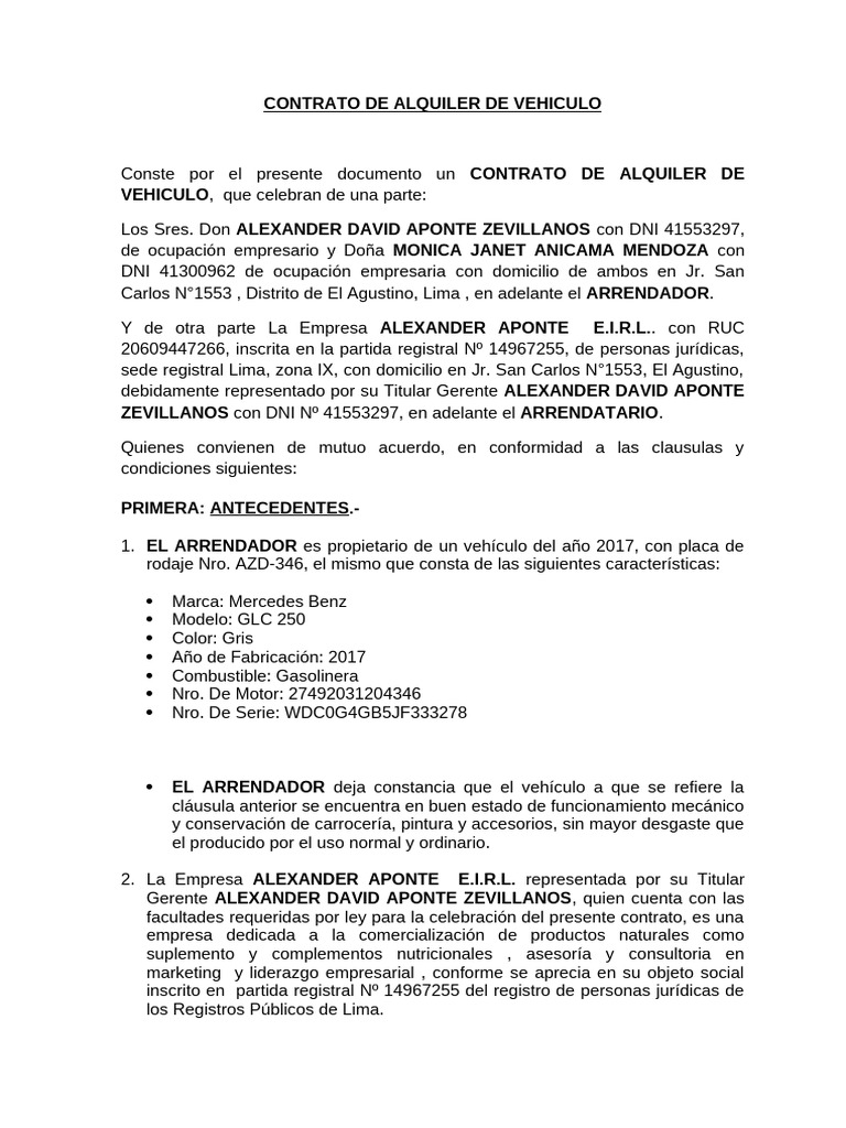 CONTRATO_DE_ALQUILER_VEHICULAR_alexander_aponte_EIRL[1] | PDF