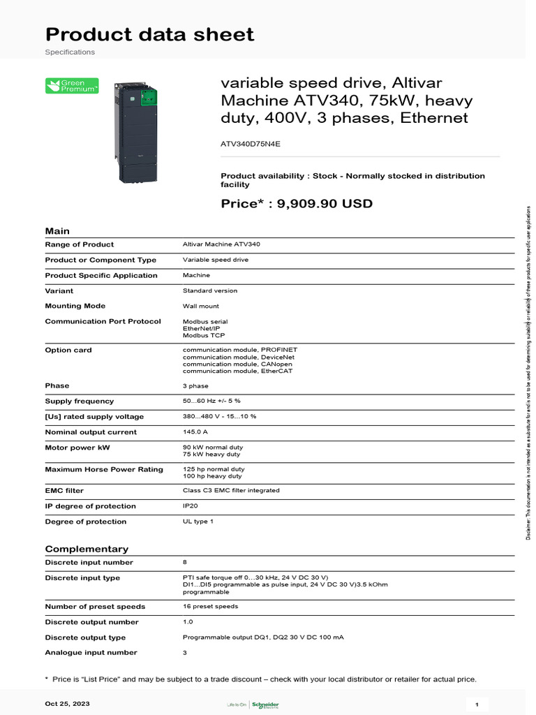 SE 125-Hp 100-Hp HD - Altivar 340 Machine Variable Frequency Drive VFD ...