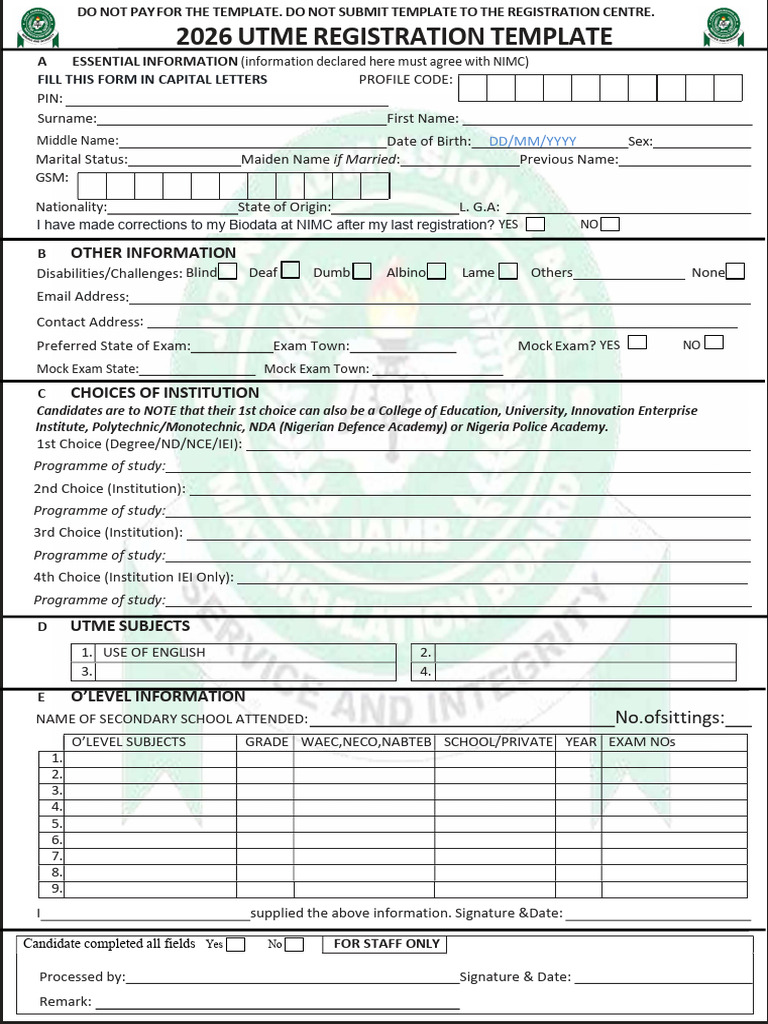 2026 UTME Registration Template Guide | PDF