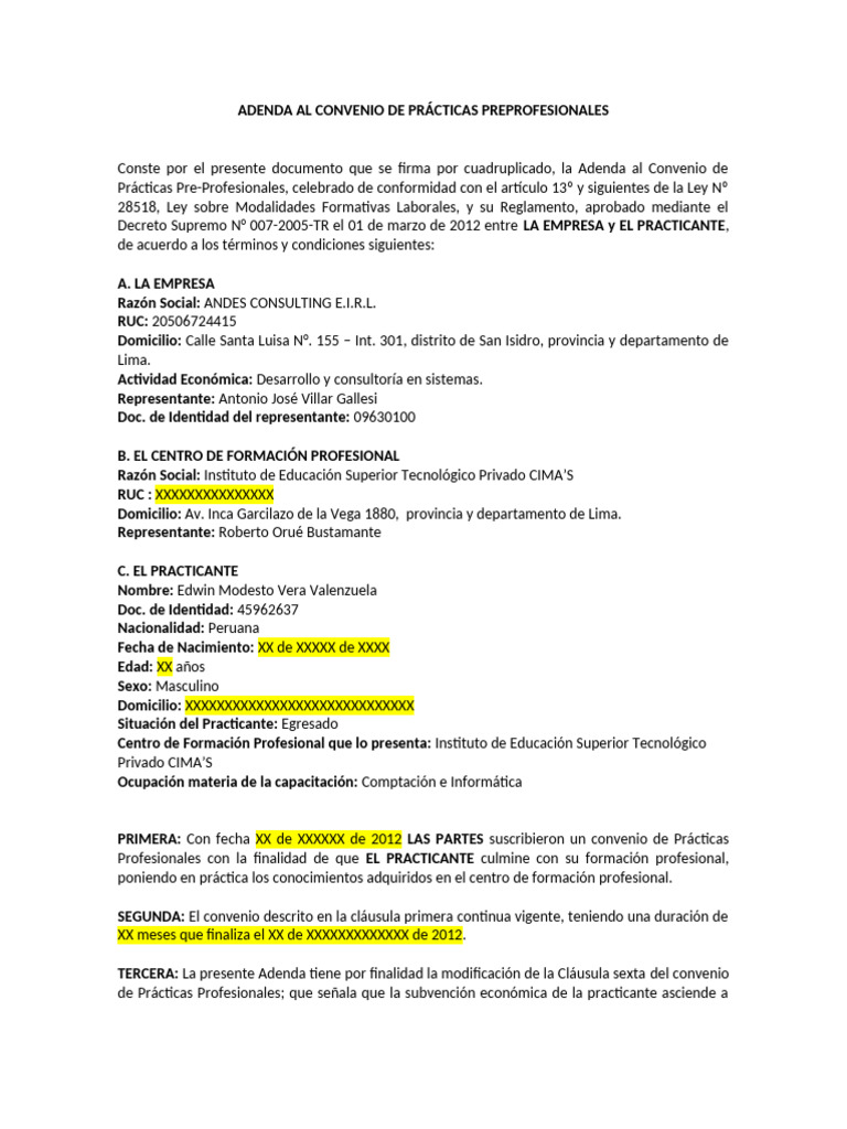 Adenda CONVENIO DE PRÁCTICAS PROFESIONALES Edwin Vera | PDF | Educación ...