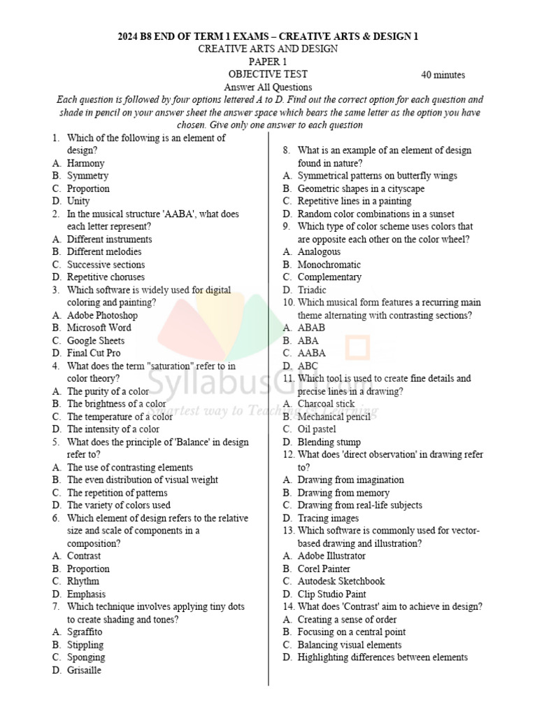 2024 Creative Arts Exam Paper 1 | PDF | Drawing | Artistic Techniques