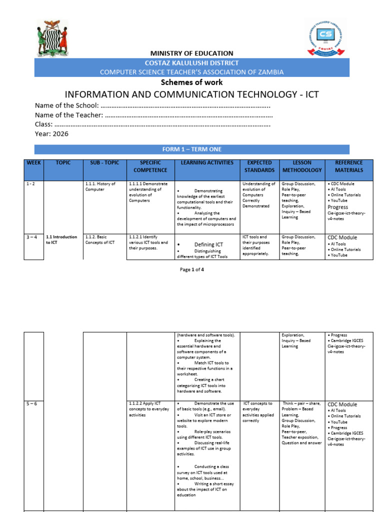 ICT Common Schemes of Work Form 1 2026 | PDF | Educational Technology ...