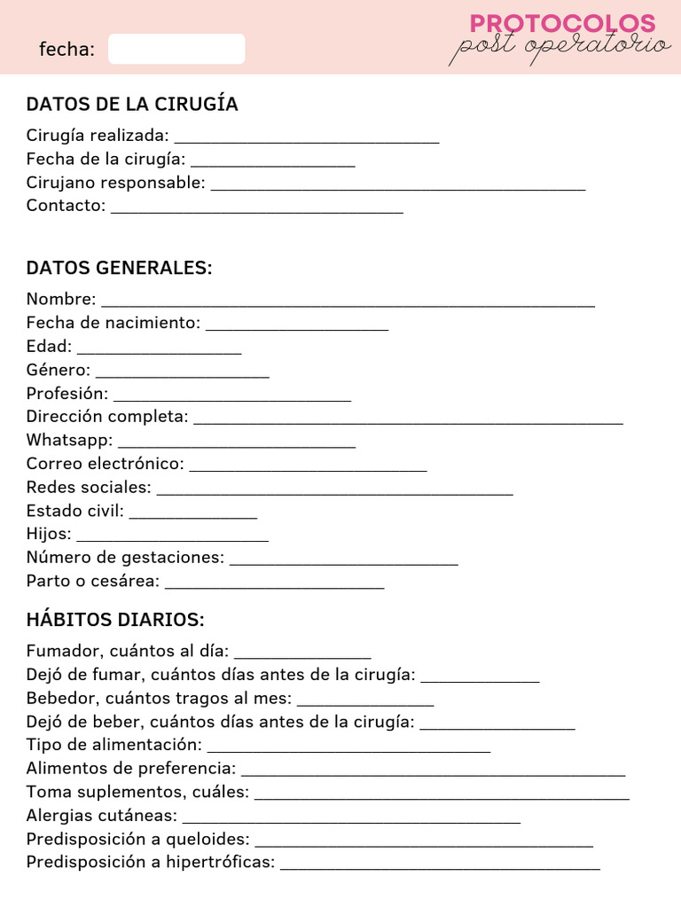 ficha clínica POST OPERATORIO | PDF | Medicina | Medicina CLINICA