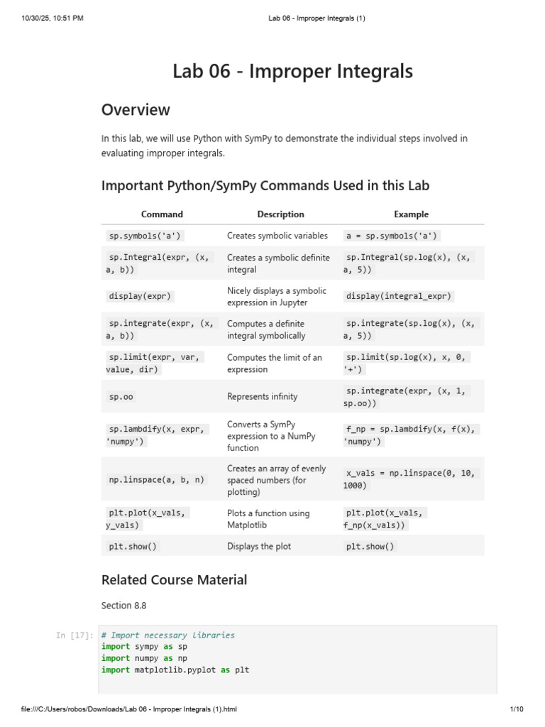Lab 06 - Improper Integrals (1) | PDF | Integral | Function (Mathematics)
