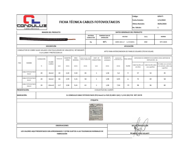 FICHA TÉCNICA CABLES FOTOVOLTAICOS | PDF | Ingenieria Eléctrica ...