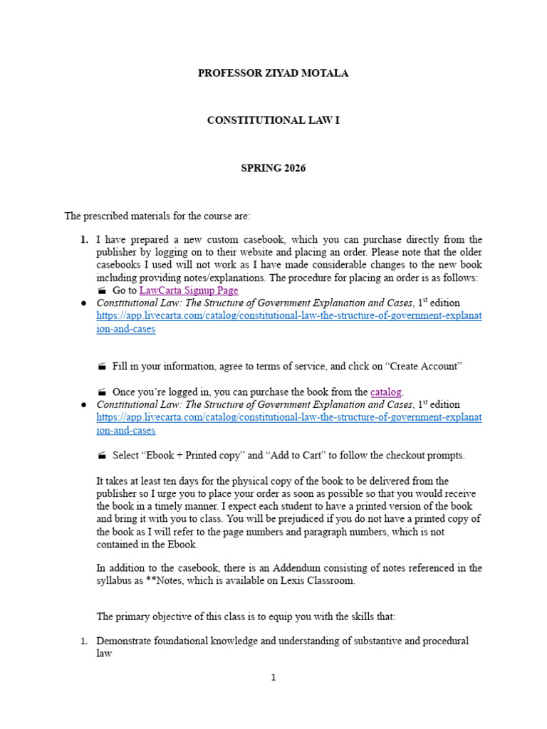 2026 Con Law I Syllabus | PDF | United States Constitutional Law ...