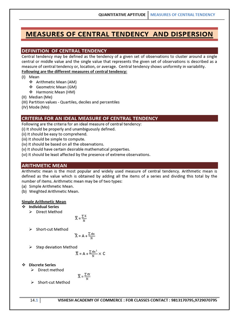 Chapter-14 Measures of Central Tendancy | PDF | Mean | Average