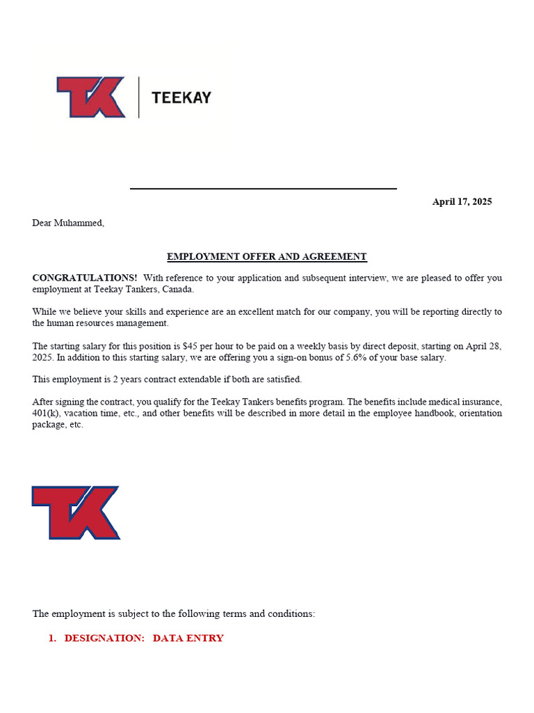 Teekay Tankers Employment Offer Letterxassa | PDF | Employment | Salary