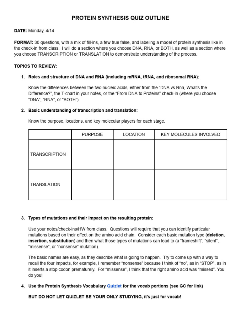 Protein Synthesis Quiz Outline | PDF