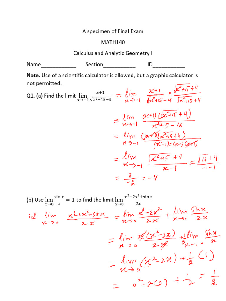 MATH140 Calculus Final Exam Sample | PDF