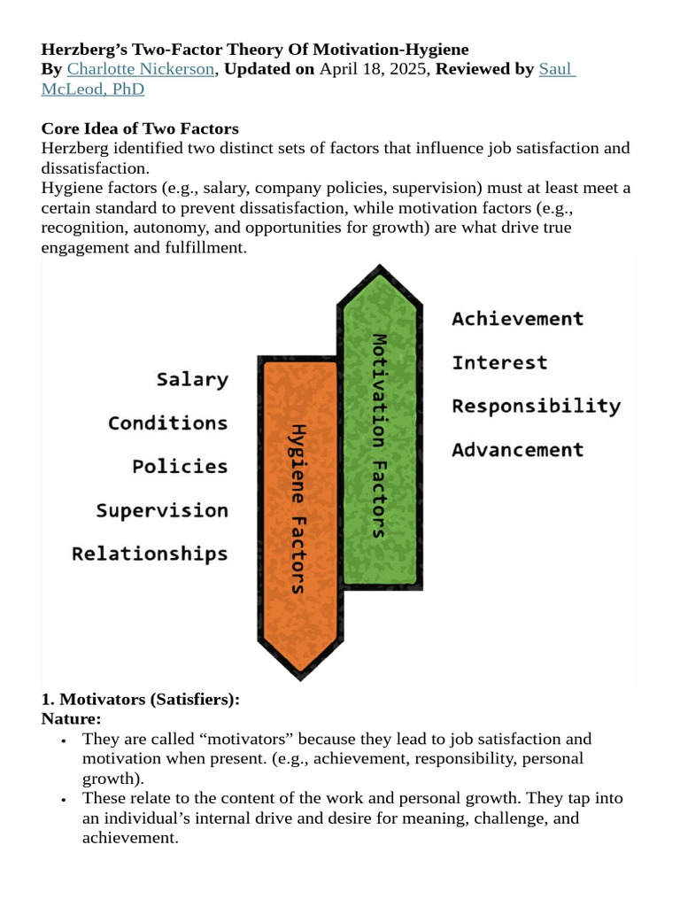 Herzberg's Two-Factor Theory of Motivation-Hygiene | PDF | Job ...