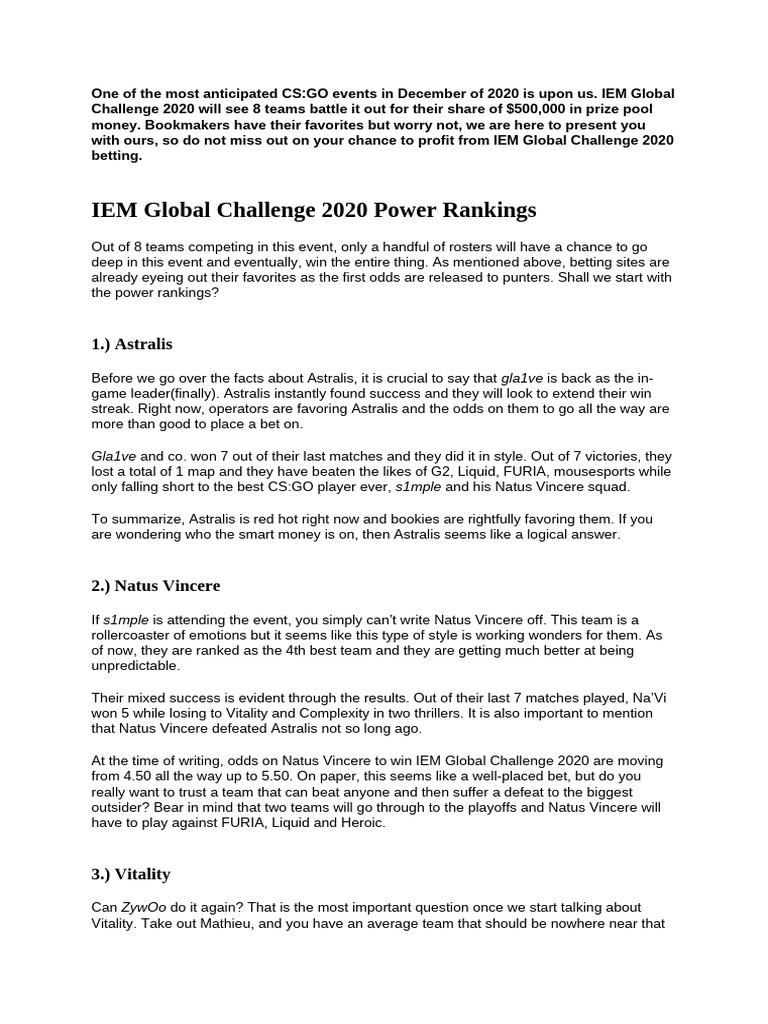 IEM Global Challenge 2020 Power Rankings(1254 Words) | PDF