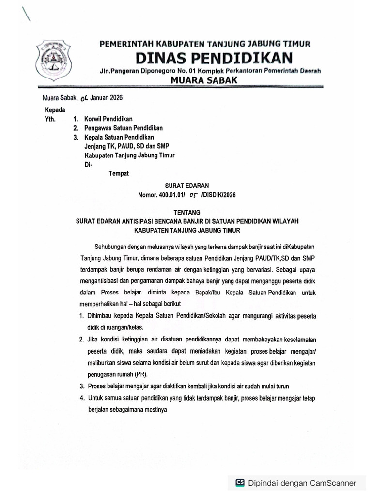 Surat Edaran Antisipasi Bencana Banjir Di Satuan Pendidikan | PDF
