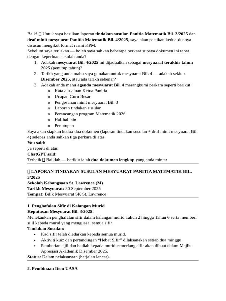 Draf Laporan Tindakan Susulan Dan Minit Mesyuarat 4 | PDF