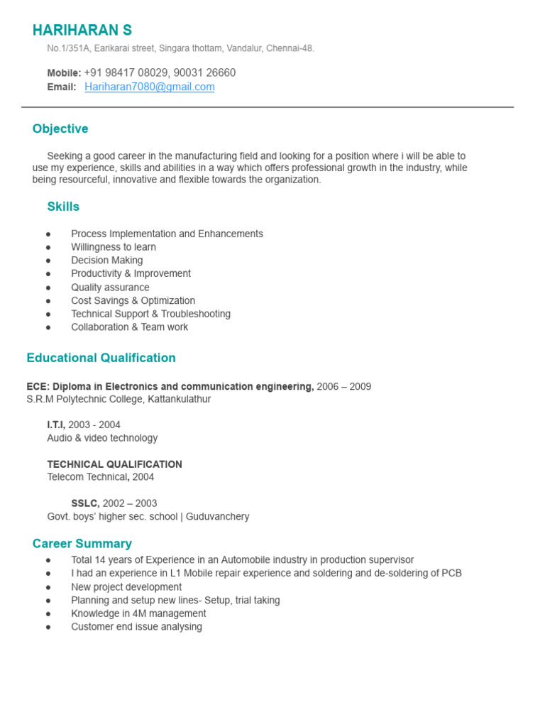 Hari Haran Cv | PDF
