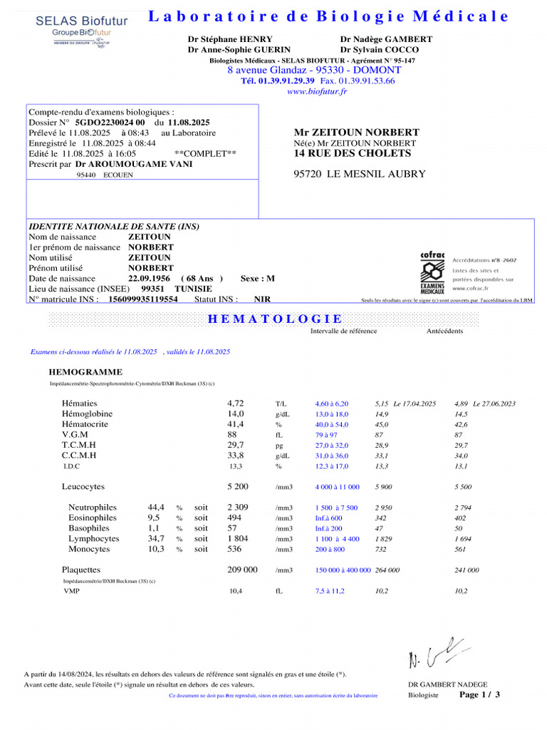 20250811 CR d'Examens Biologiques ZEITOUN NORBERT | PDF