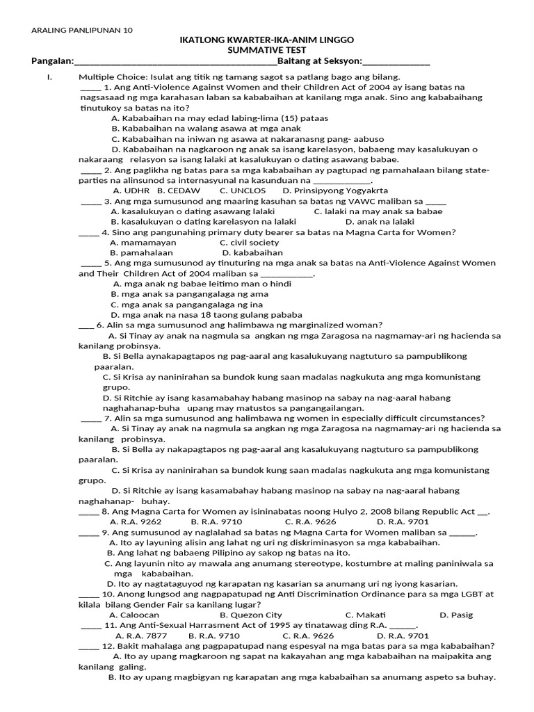 AP10-Q3-SummativeTest-Week 6 | PDF