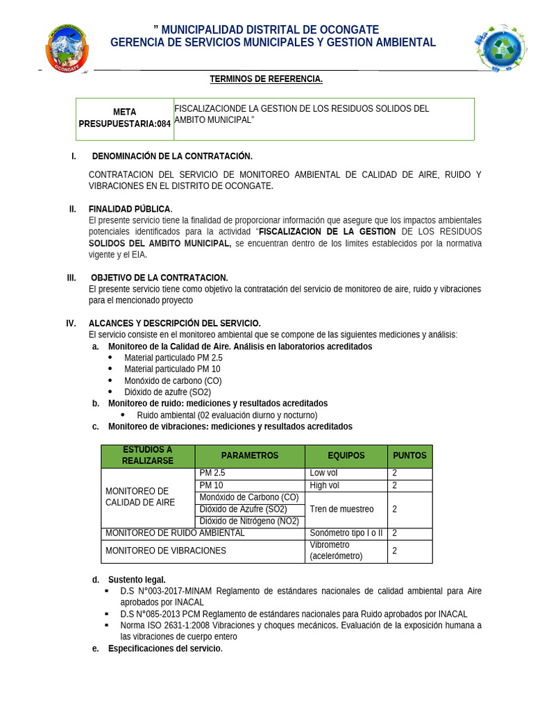 Tdr Servicio de Elaboracion de Monitoreo Ambiental en Las Principales Calles Del Distrito de ...