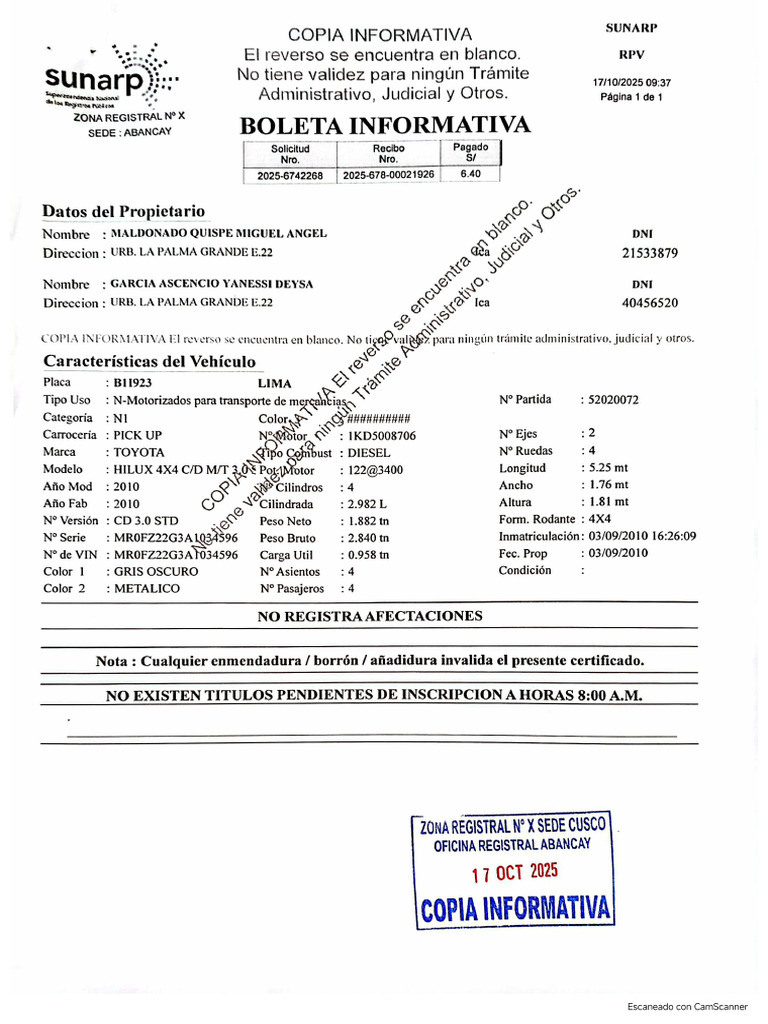 Boleta Informativa Vehicular | PDF